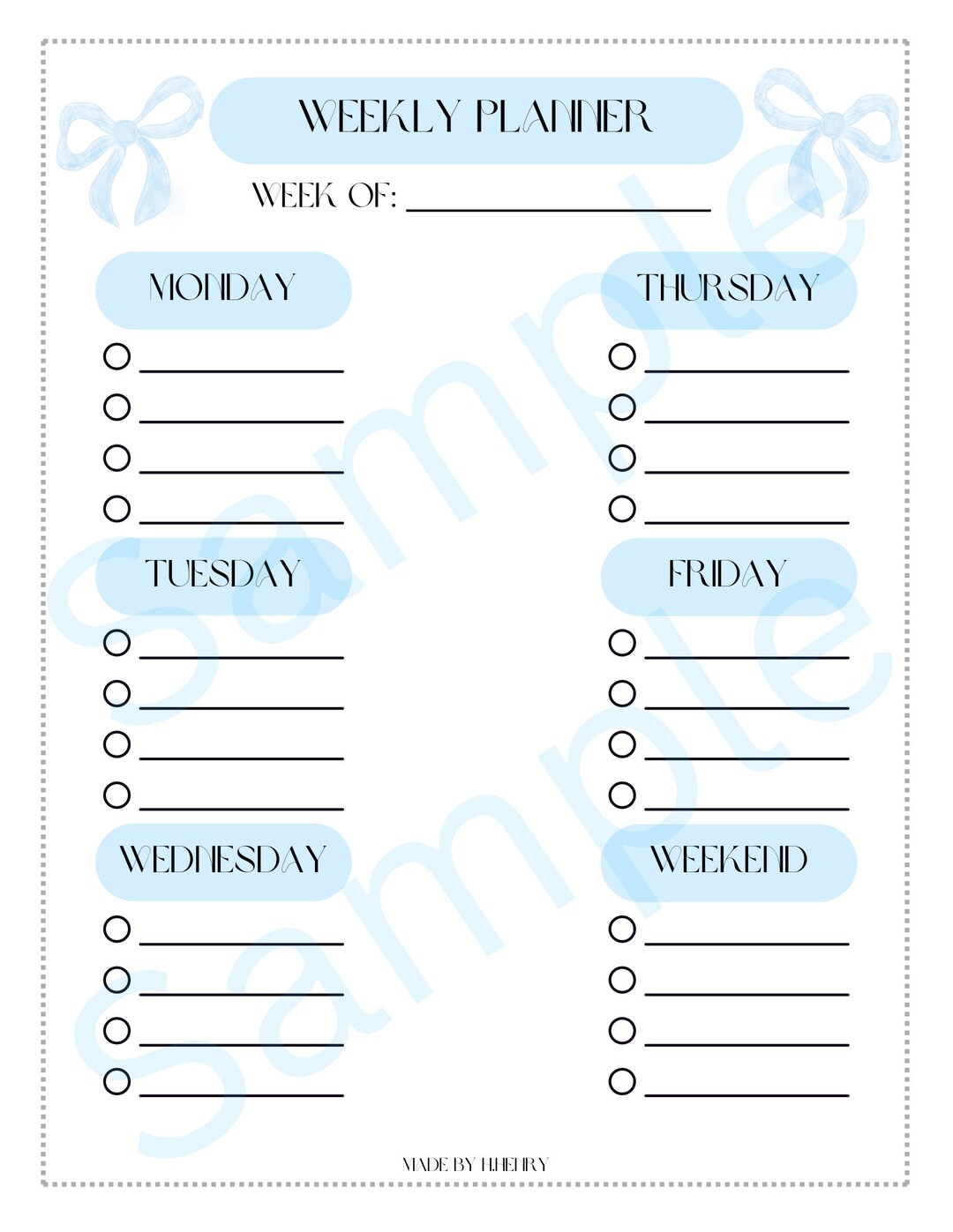 Blue Bow Weekly Planner, Printable - Etsy
