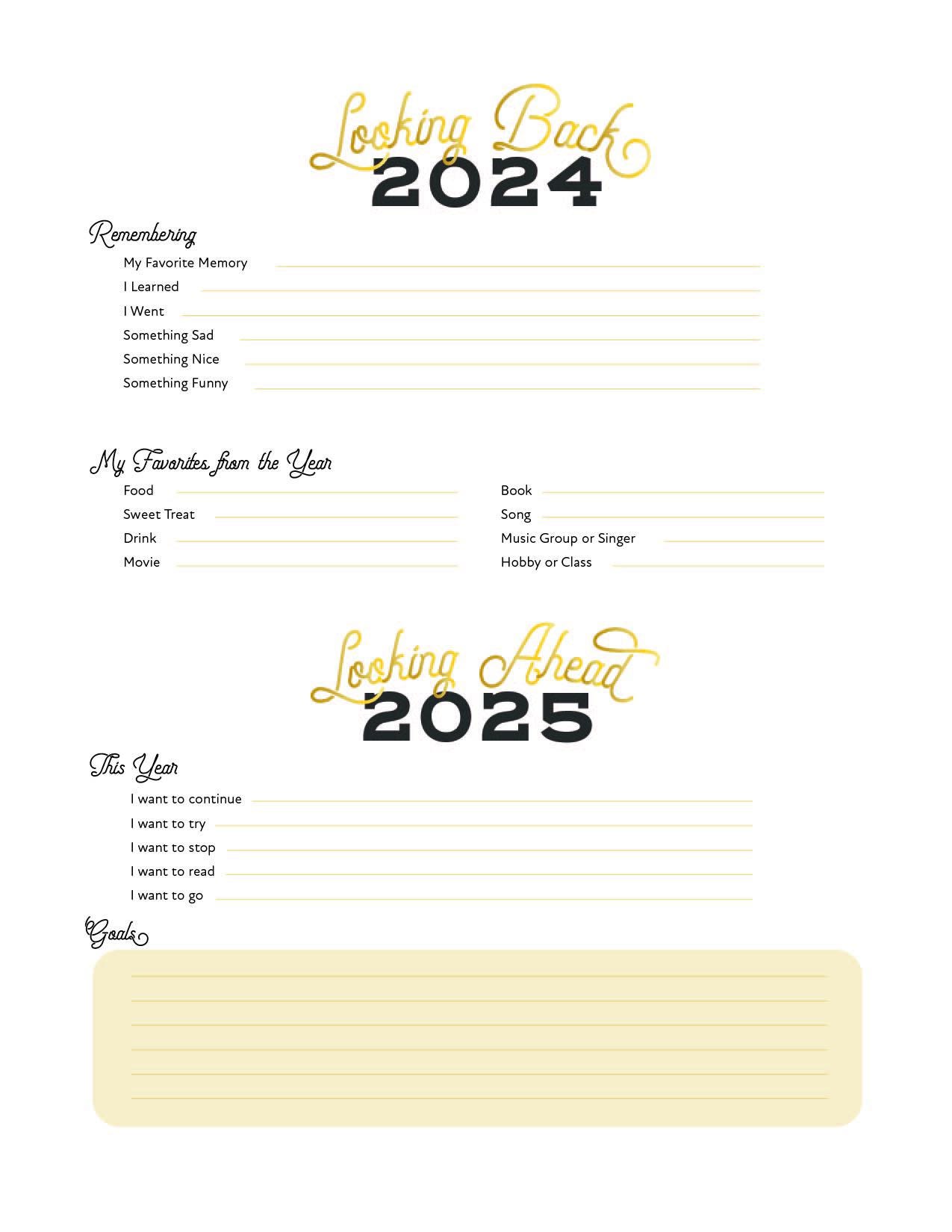 Looking Back Looking Forward New Year's Printable Goal Sheet Resolution ...