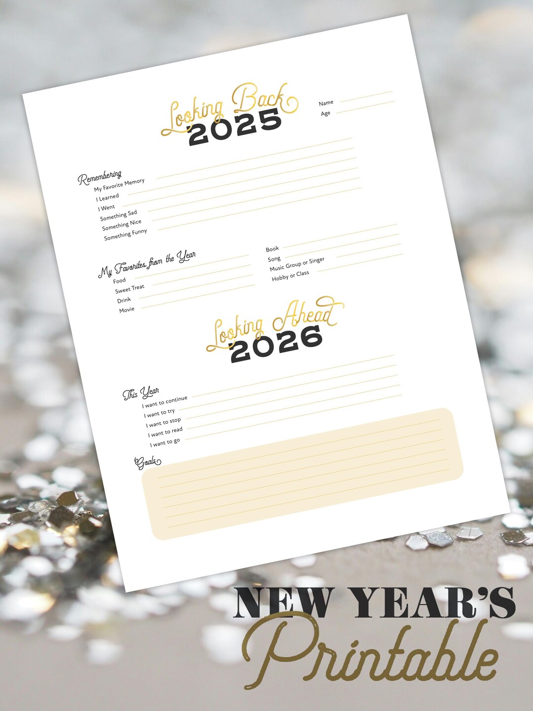 Looking Back Looking Ahead New Year's Printable Goal Sheet Resolution ...