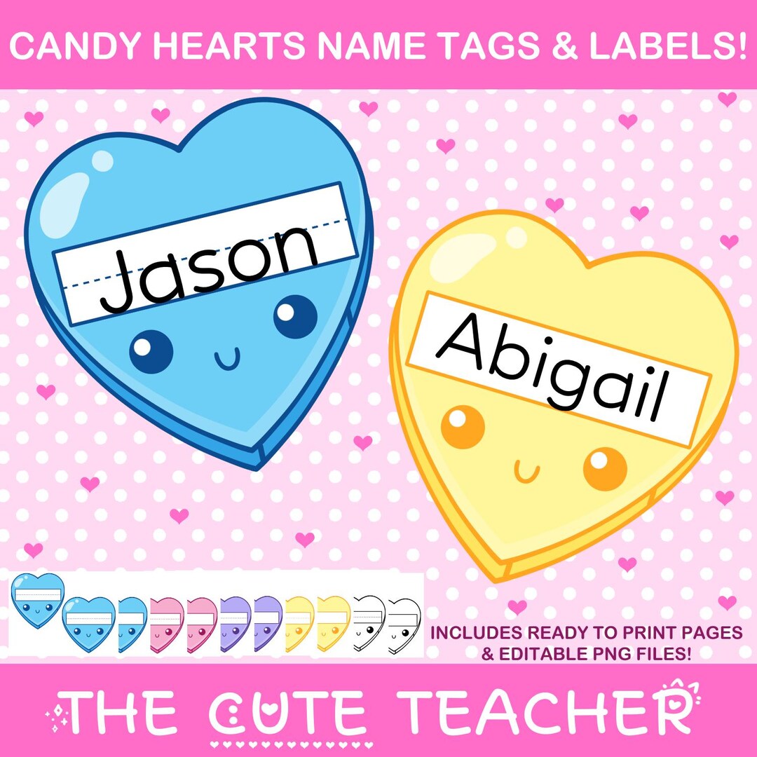 Valentines Day Candy Hearts Name Tags Editable Holiday Sweets Labels ...