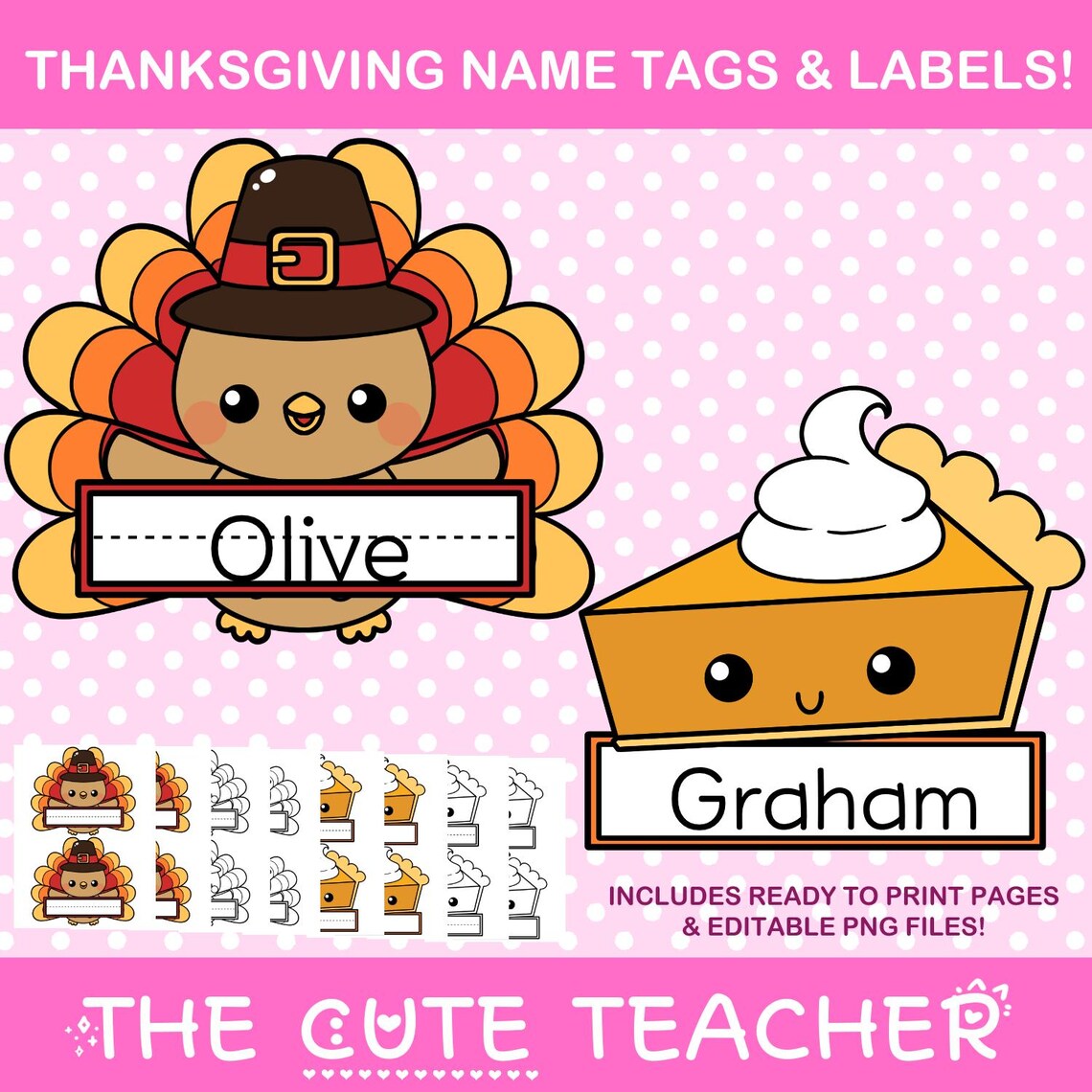 Thanksgiving Name Tags - Turkey & Pumpkin Pie, Fall Bulletin Board ...
