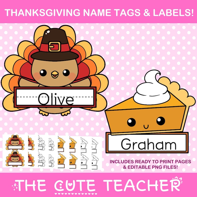 Thanksgiving Name Tags - Turkey & Pumpkin Pie, Fall Bulletin Board ...