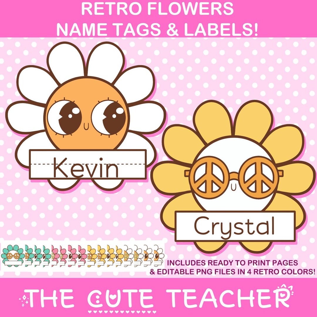 Retro Spring Flowers Name Tags - Cute Groovy Bulletin Board Decor ...
