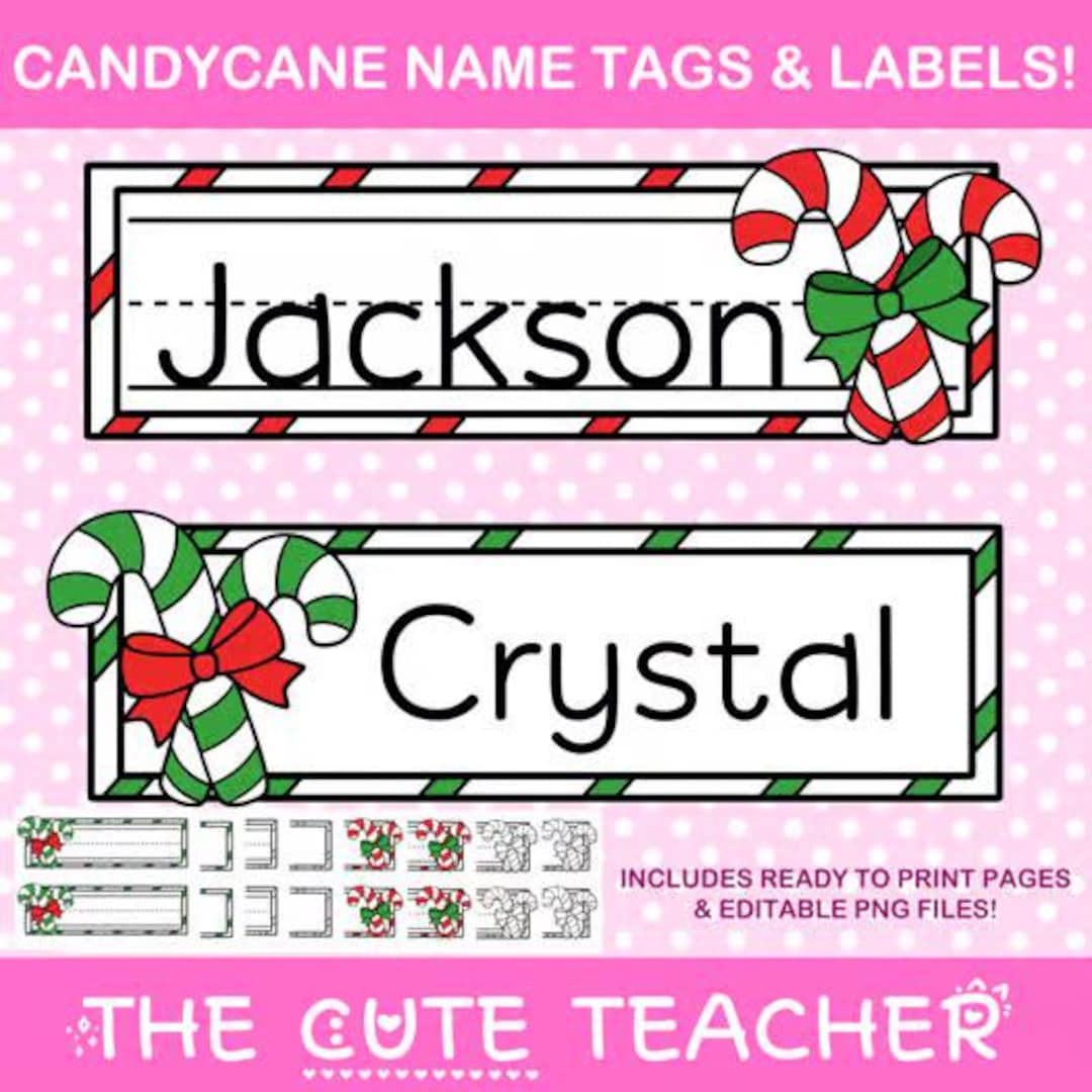 Candy Cane Name Tags - Christmas Printable Desk Plates & Winter Door ...