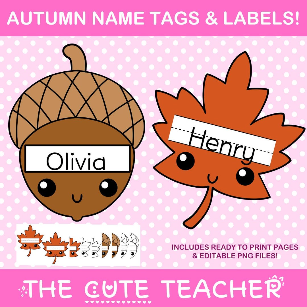 Autumn Theme Name Tags - Acorn & Fall Leaves Printable Bulletin Board ...