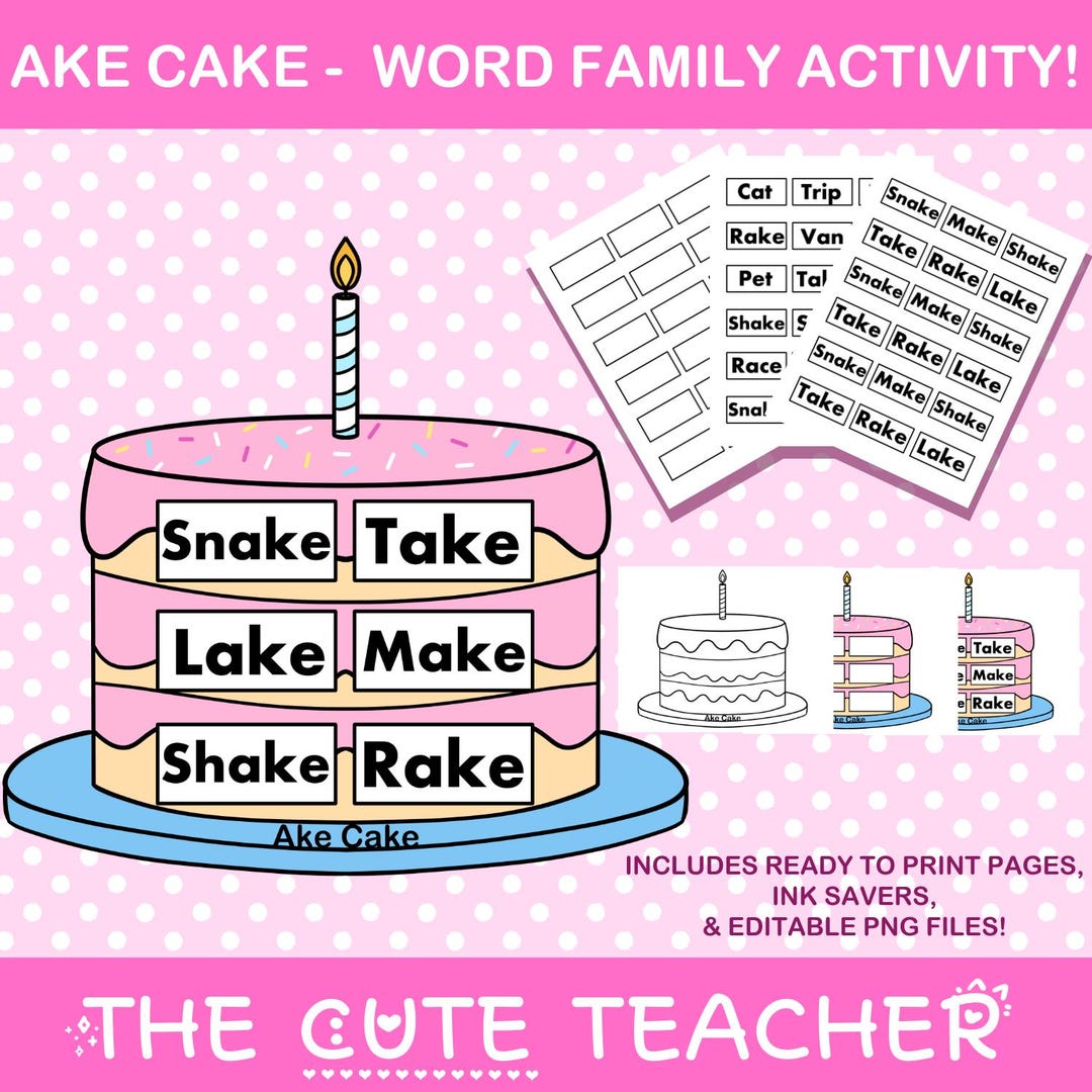 Ake Cake - Word Family Activity Ideas - Editable Birthday Theme ...