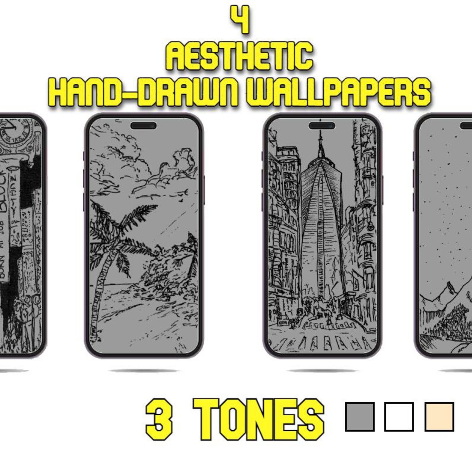 4 Aesthetic Hand-drawn Wallpapers for Phone - Etsy
