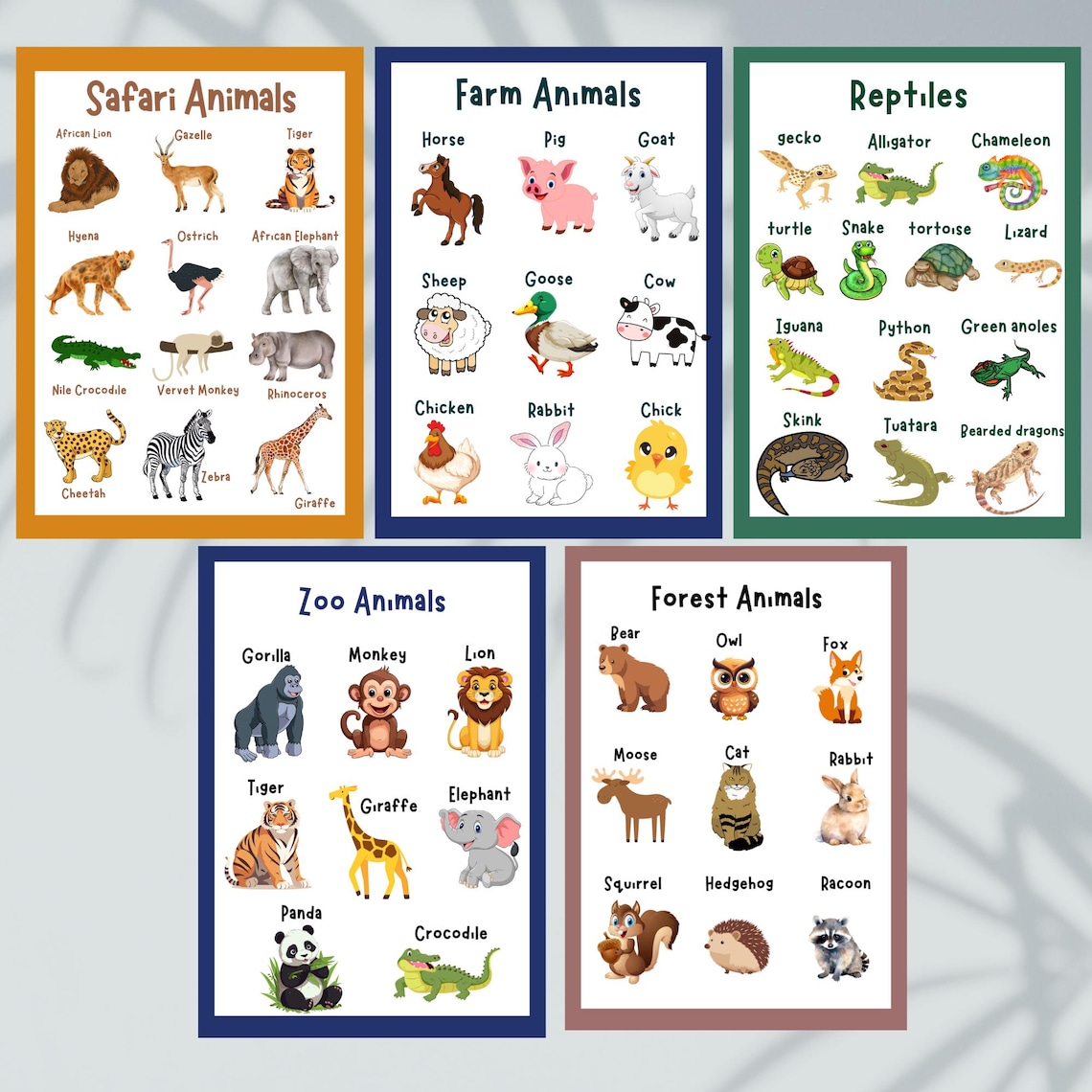 10 Animals Wall Chart for Classroom Bundle Sea, Forest, Jungle, Farm ...