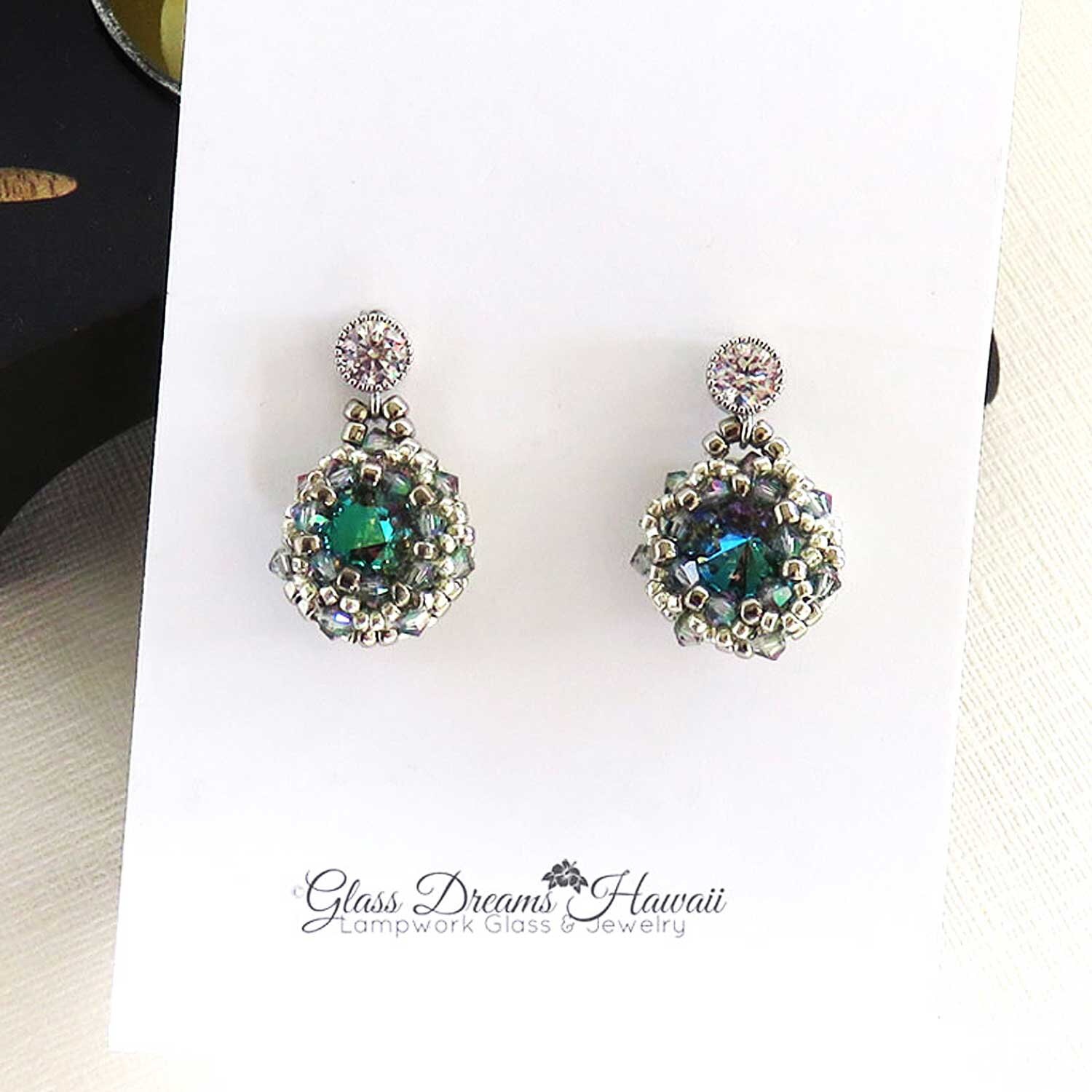 Beaded Bezel Rivoli Dangle Earrings, CZ Zirconia Rhodium Plated Brass ...
