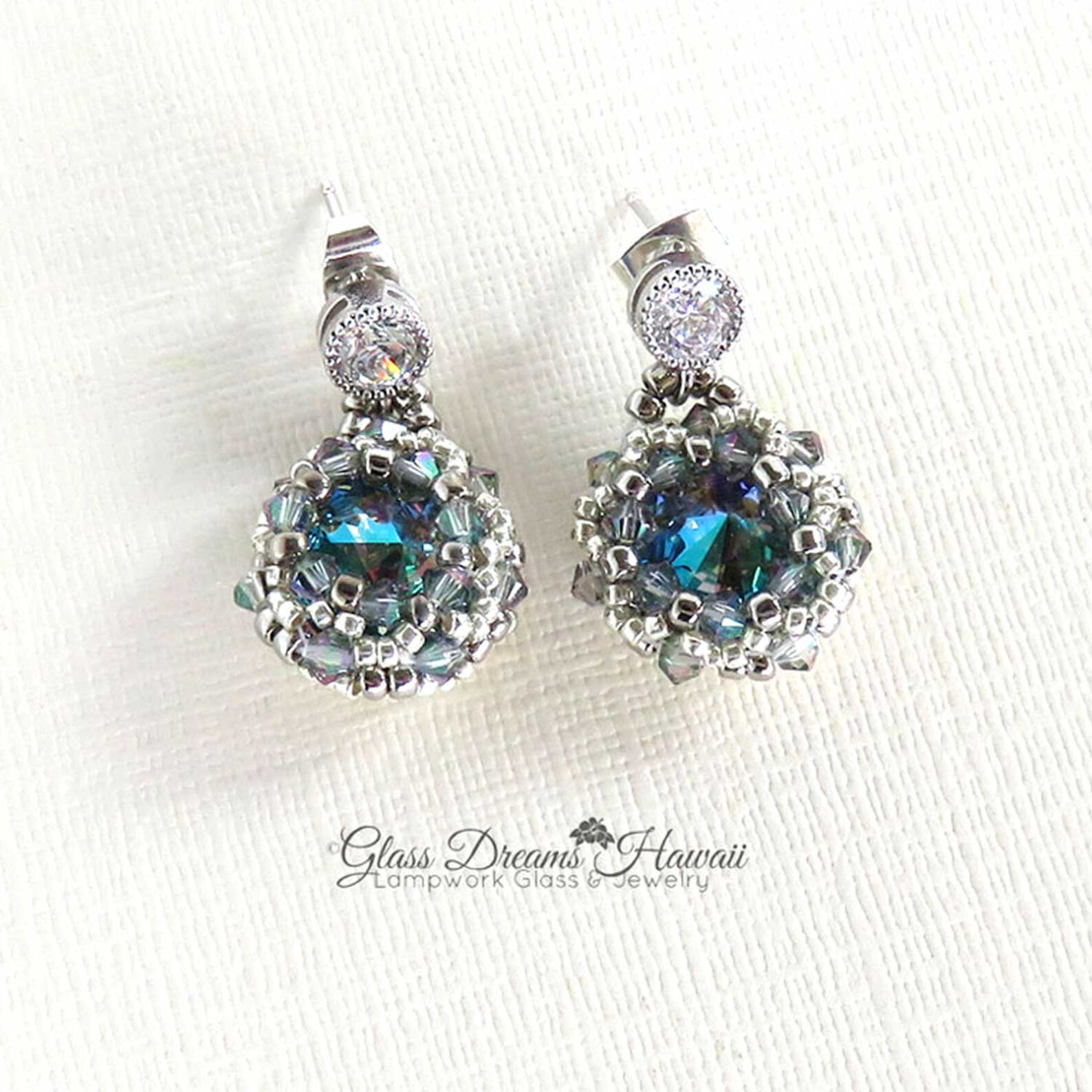 Beaded Bezel Rivoli Dangle Earrings, CZ Zirconia Rhodium Plated Brass ...