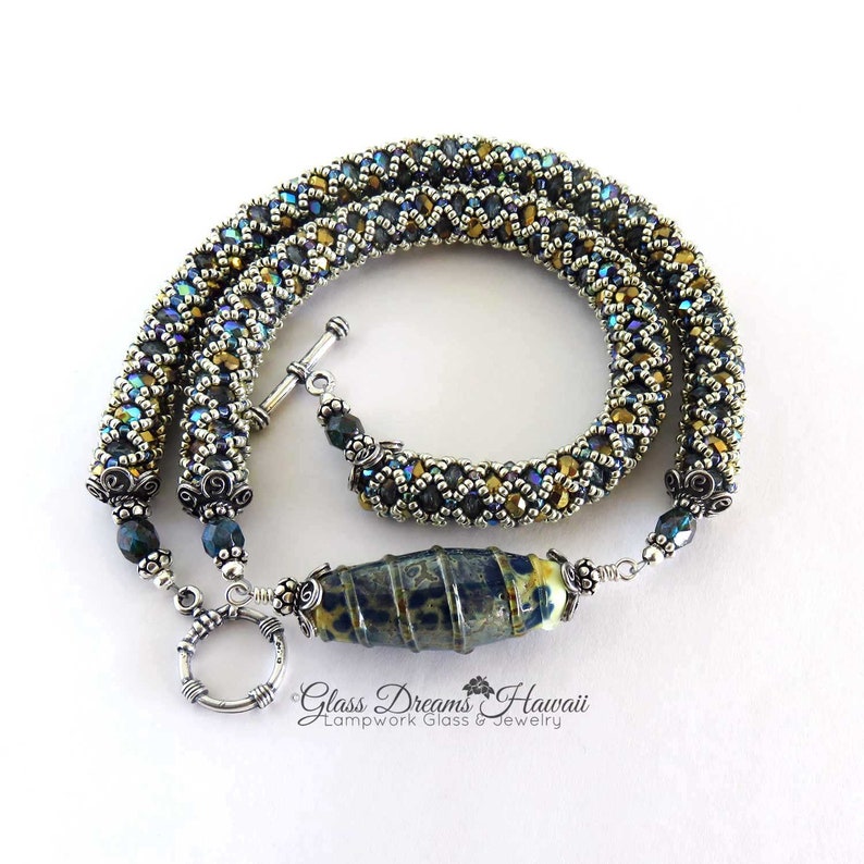 Beaded Rope Necklace Handmade Lampwork Glass Focal Bead Hand Beaded ...