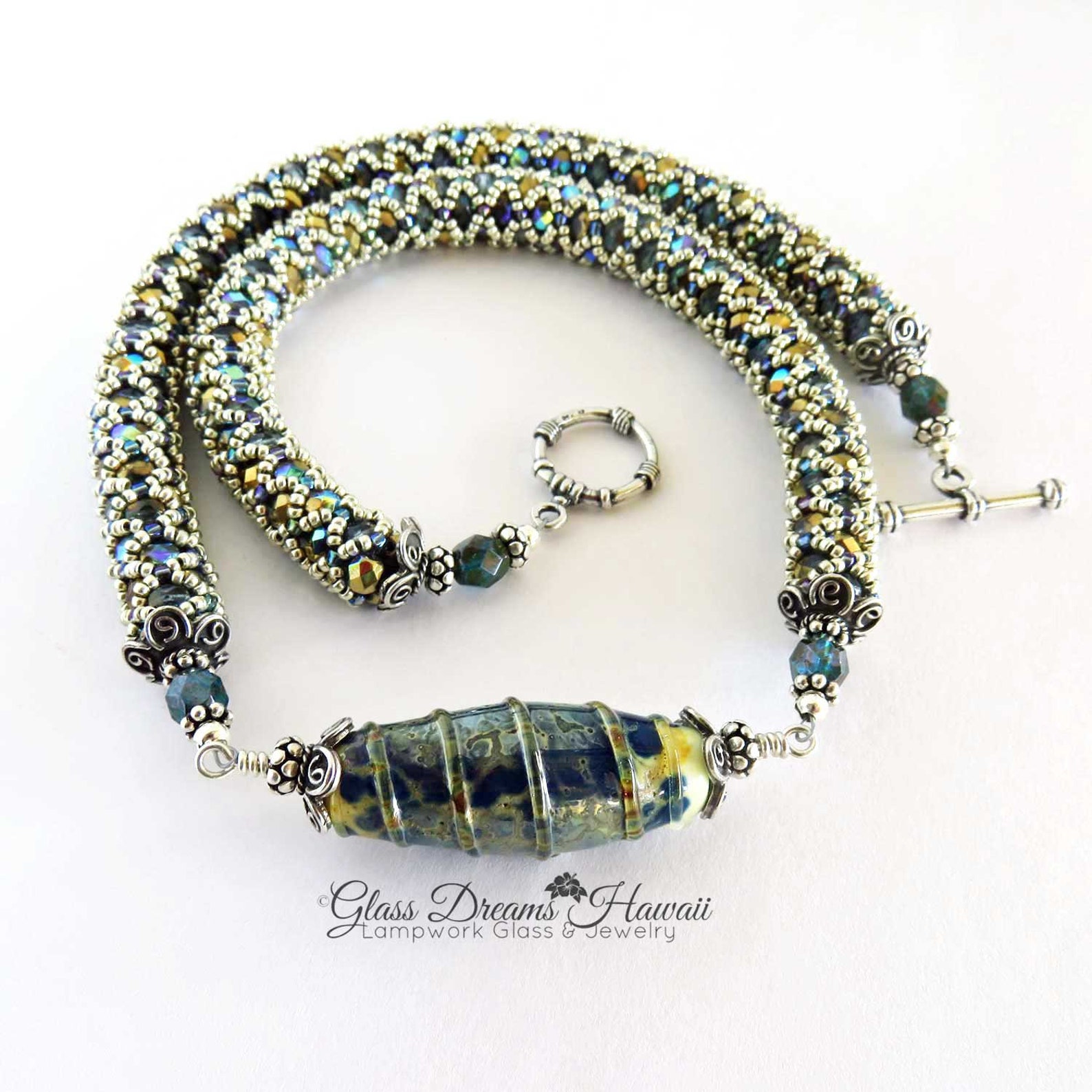Beaded Rope Necklace Handmade Lampwork Glass Focal Bead Hand Beaded ...
