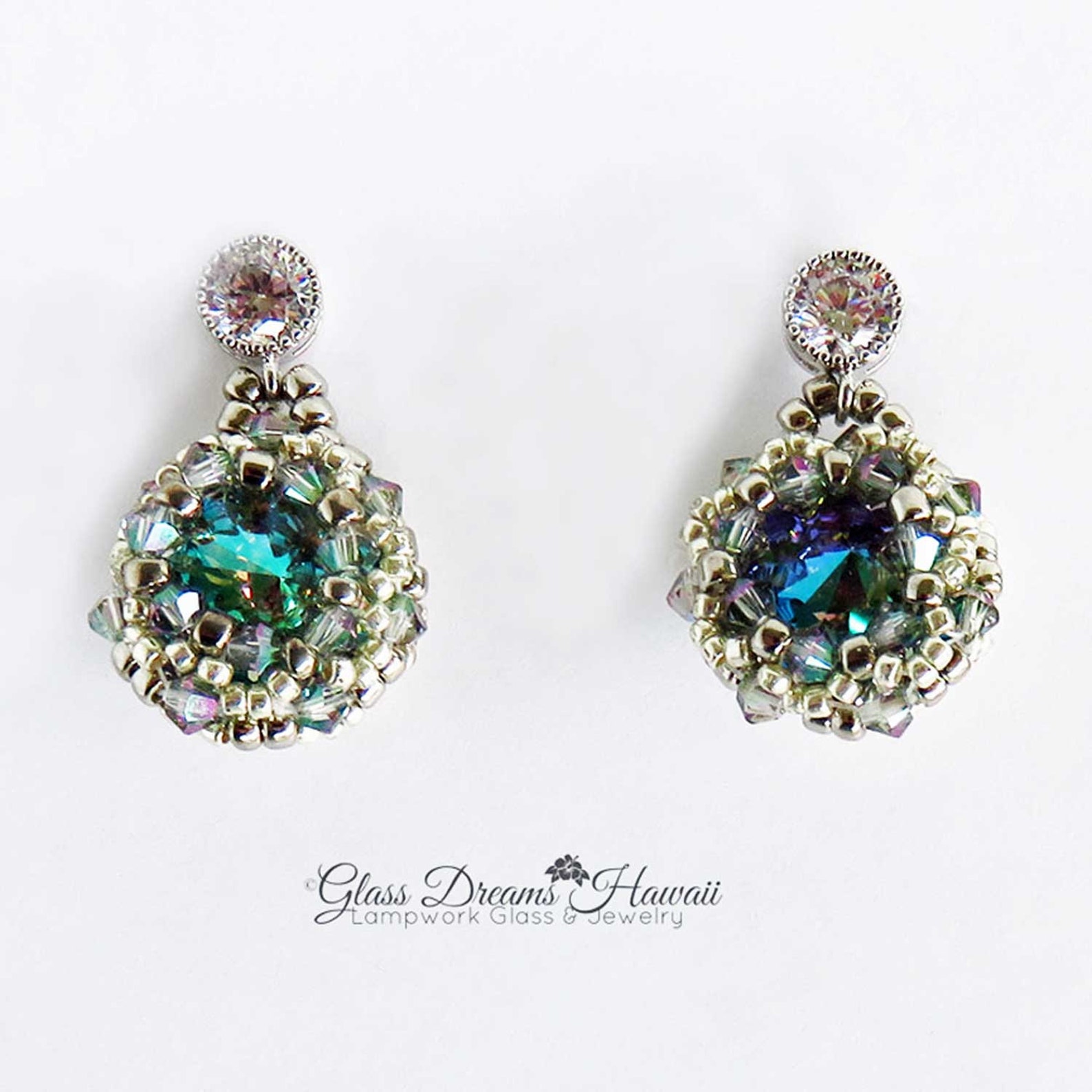Beaded Bezel Rivoli Dangle Earrings, CZ Zirconia Rhodium Plated Brass ...