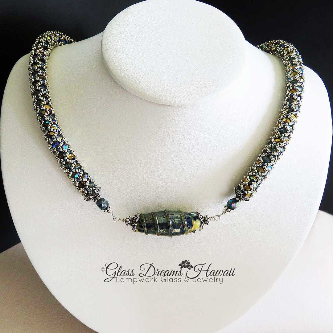 Beaded Rope Necklace Handmade Lampwork Glass Focal Bead Hand Beaded ...