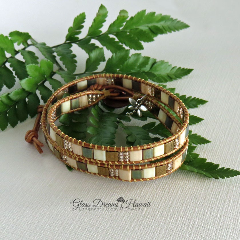 Beaded Leather Wrap Bracelet, Double Wrap Tila Bead Bracelet, Chan Luu Style Bracelet, BOHO ...