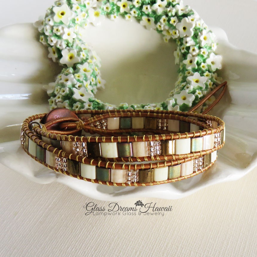 Beaded Leather Wrap Bracelet, Double Wrap Tila Bead Bracelet, Chan Luu Style Bracelet, BOHO ...