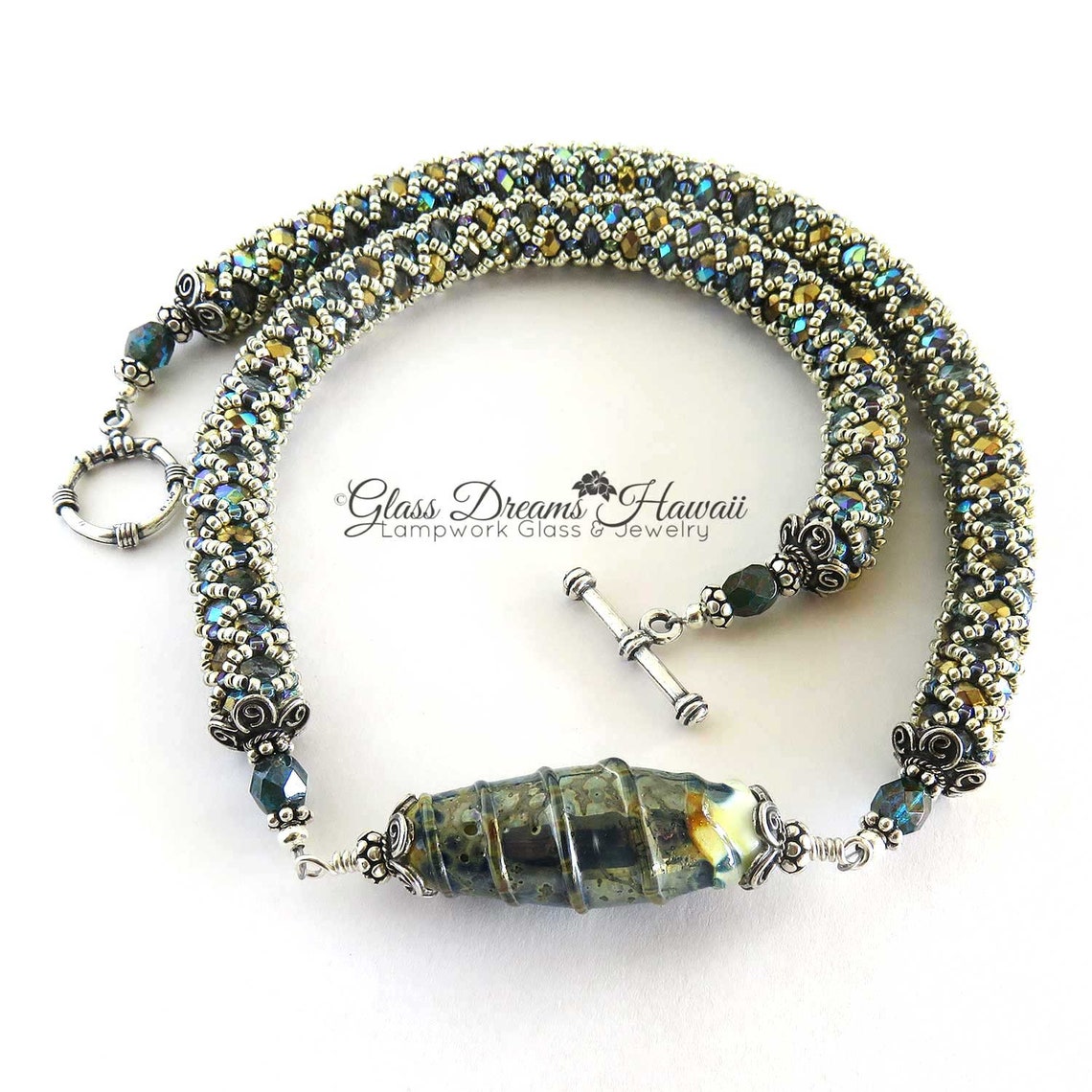 Beaded Rope Necklace Handmade Lampwork Glass Focal Bead Hand Beaded ...