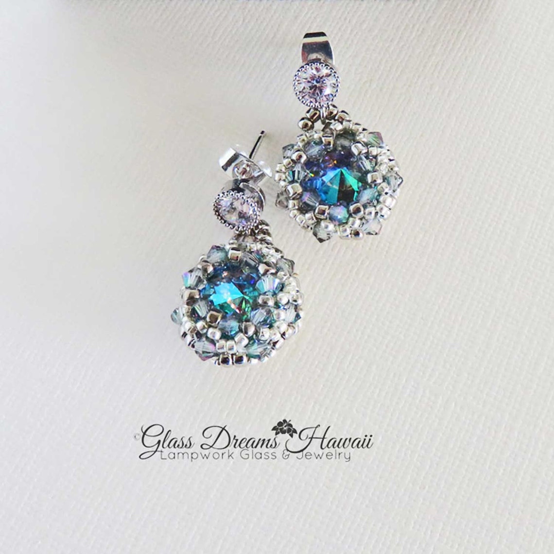 Beaded Bezel Rivoli Dangle Earrings, CZ Zirconia Rhodium Plated Brass ...