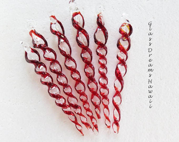 Handmade Glass Icicles 6, Red & Clear Lampwork Icicle Ornaments ...