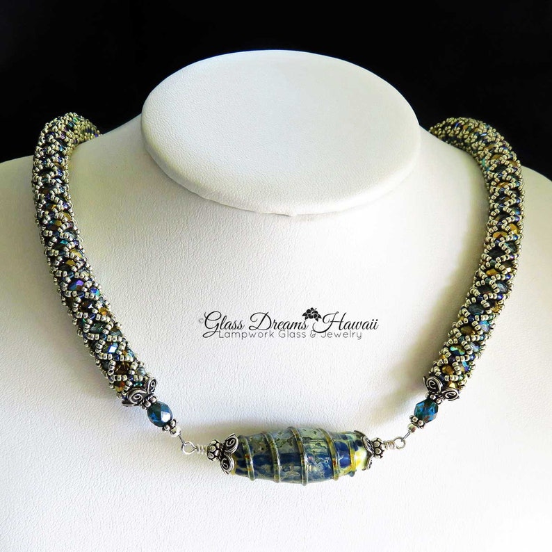 Beaded Rope Necklace Handmade Lampwork Glass Focal Bead Hand Beaded ...