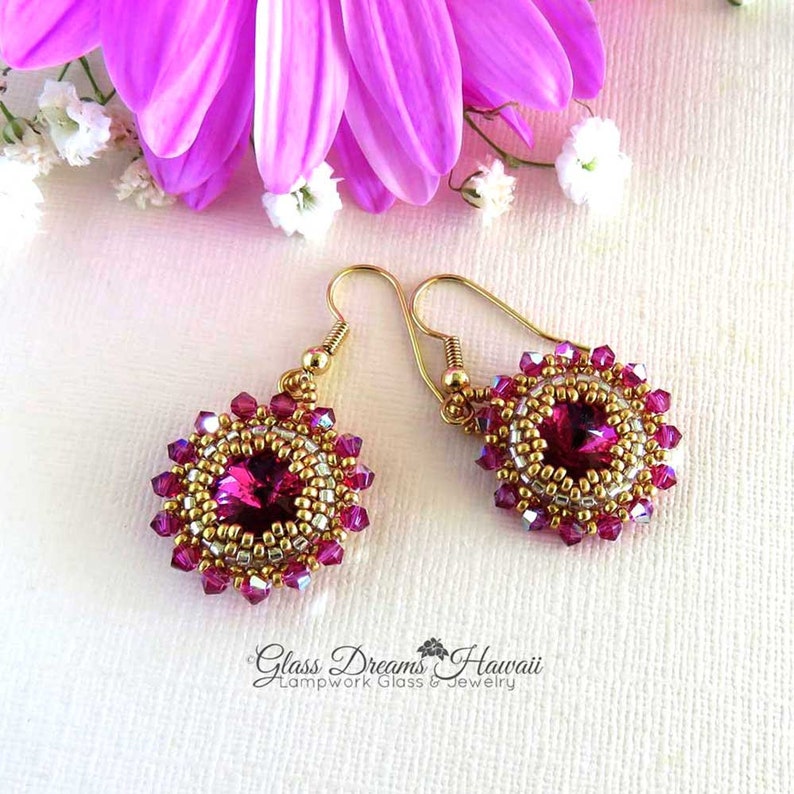 Elegant Crystal Rivoli Dangle Earrings, Beaded Bezel Crystal Earrings, Swarovski Crystal Drop ...