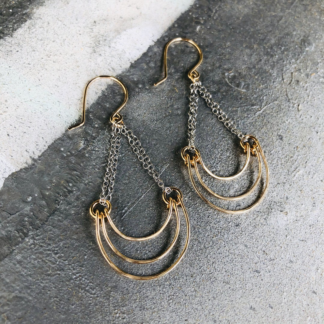 Semi Circle Drop Earrings, Mixed Metal Semi Circle Earrings, Three Semi ...