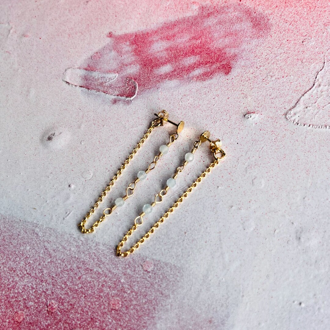 Dainty Birthstone Stud Earrings With Chain, Chain Hoop Studs With Tiny ...