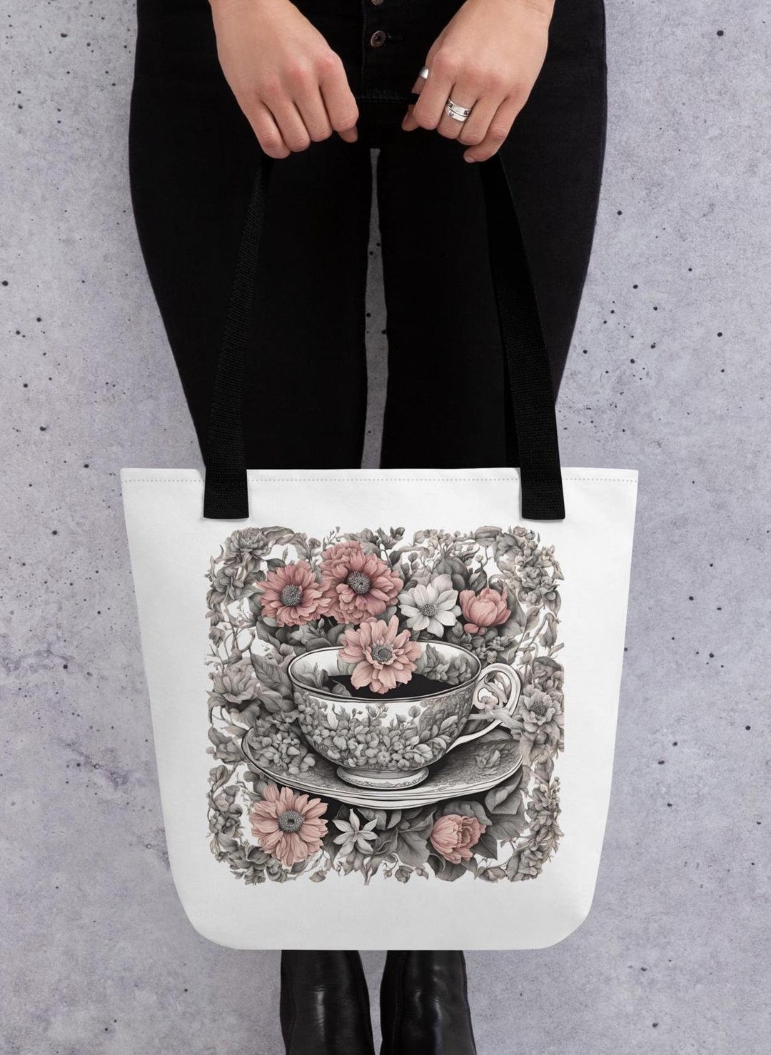Pretty Tote Bag, Flowers Tote, Tea Bag, Tea Tote Bag, Teacup Tote, Tea ...