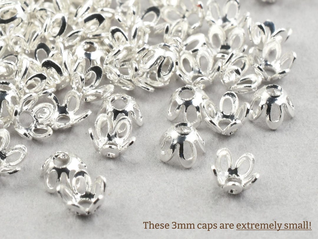 144 Pieces of TINY 3mm Bead Caps - Bright Silver Beadcap Findings ...