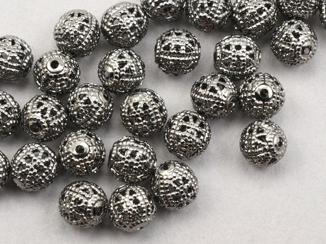 36 Gunmetal Beads 6mm Round Beads Lightweight Filigree Style Gun Metal ...