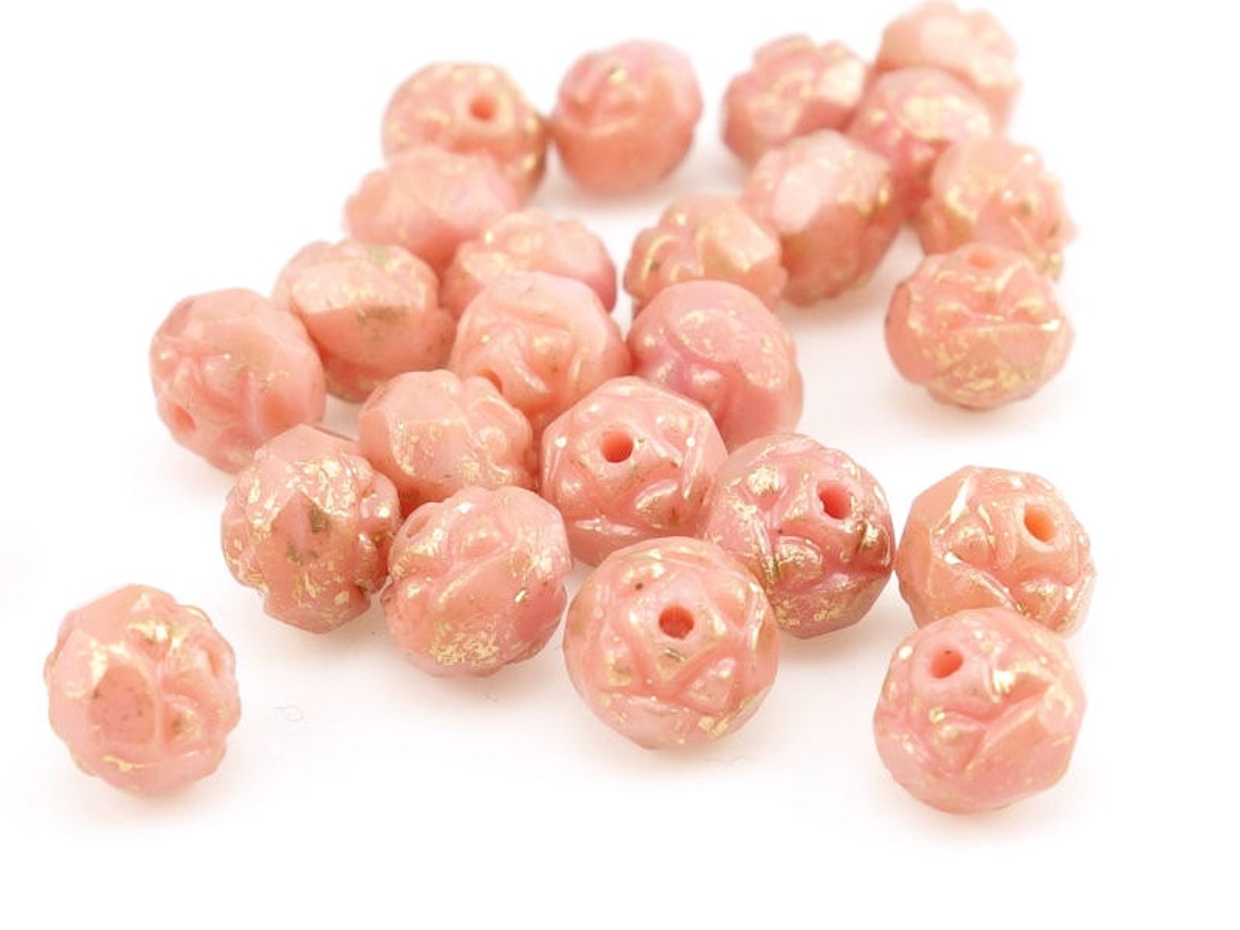 25 Small Rosebud Beads 6mm X 5mm Opaque Pink Marbled Gold Flower Beads ...