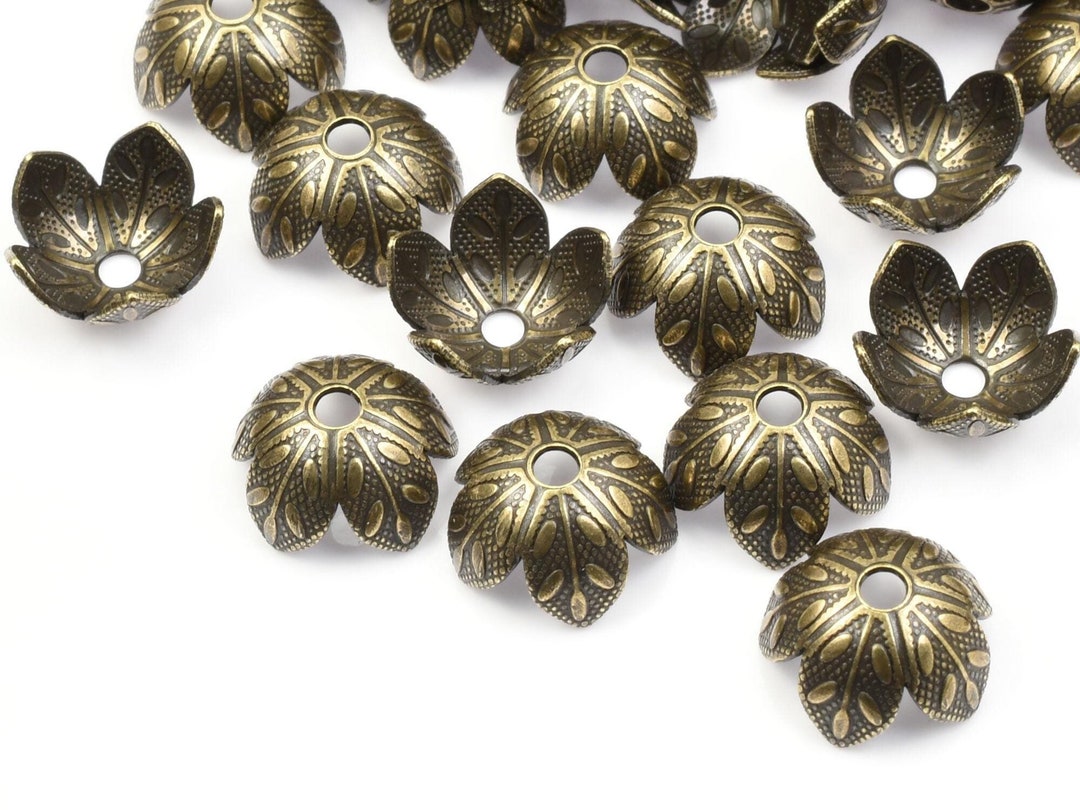 48 9mm Bead Caps - Etched Floral Petal Caps - Antique Brass Bead Caps ...