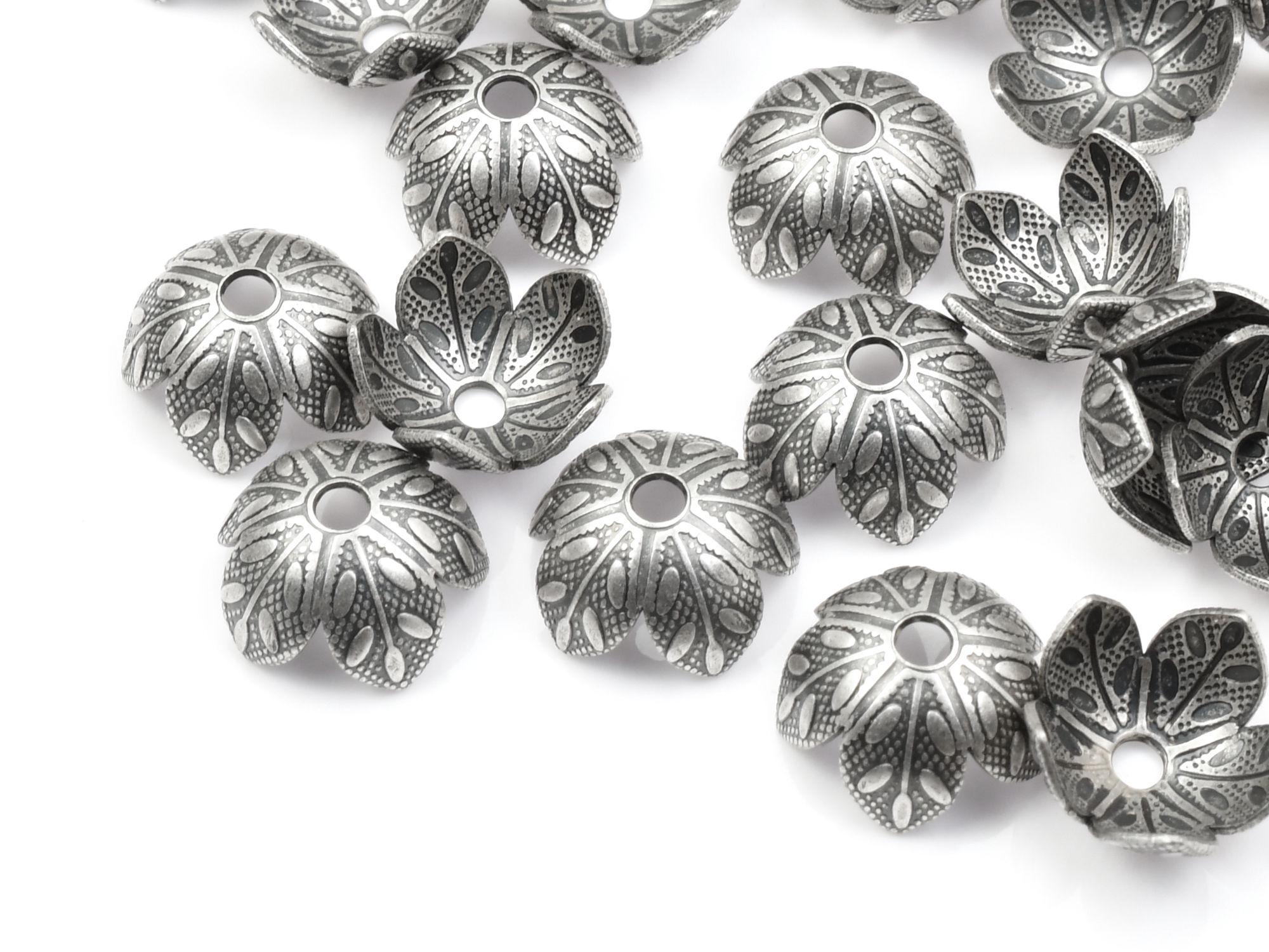 9mm Bead Caps - Etched Floral Petal Caps - Dark ANTIQUE SILVER Bead ...