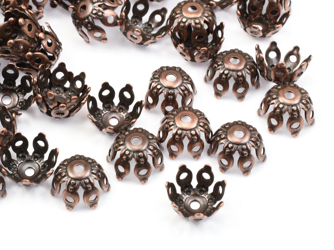 48 Antique Copper Bead Caps - 9mm Open Filigree Petal Caps - Flexible ...