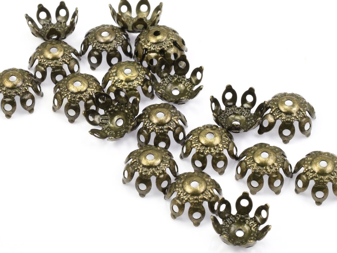 48 Antique Brass Beadcaps 9mm Aged Solid Brass Bead Caps Open Filigree ...