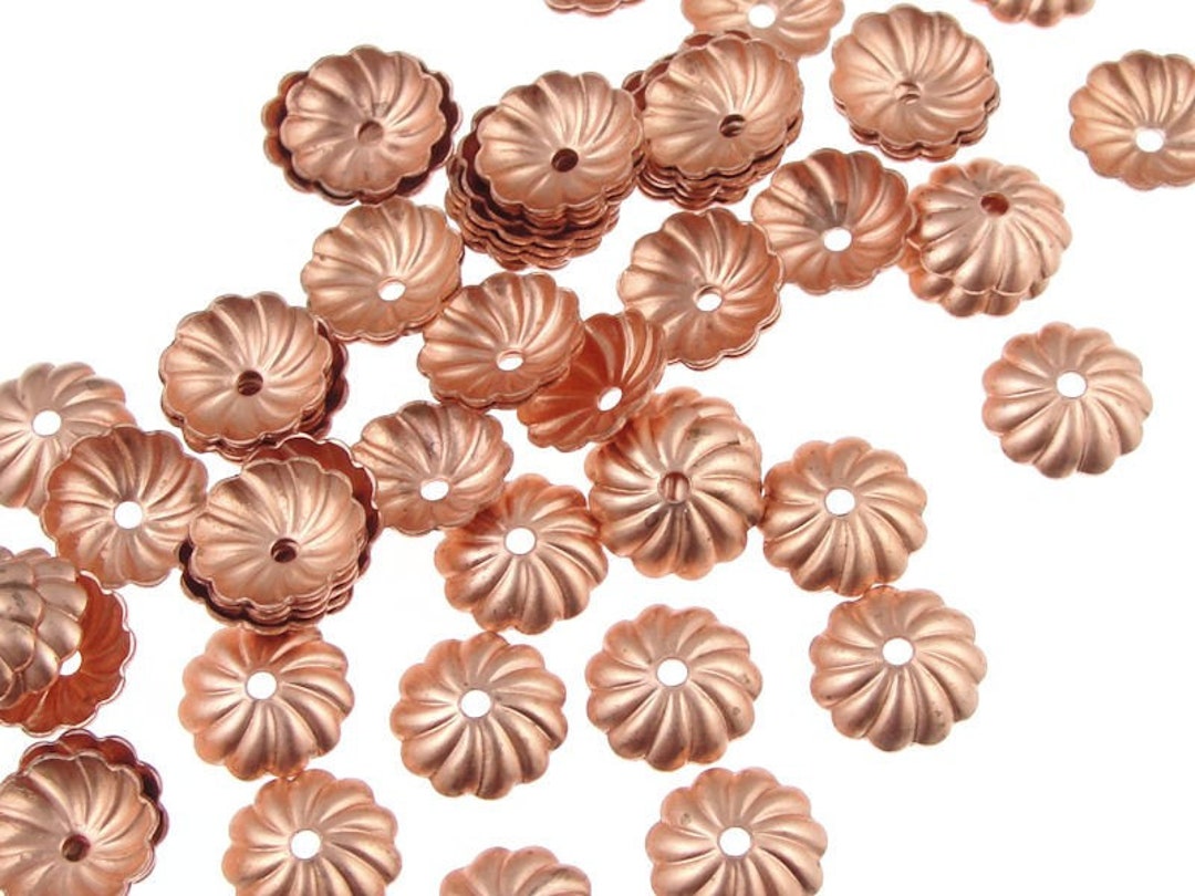 72 Solid Copper Bead Caps - 7mm Pleated Dome Bright Raw Copper Beadcaps ...