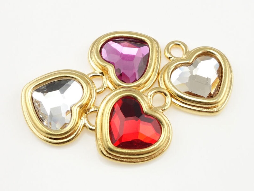 Crystal Heart Charms Gold Charms Custom Color Choice Fuchsia Pink Heart ...