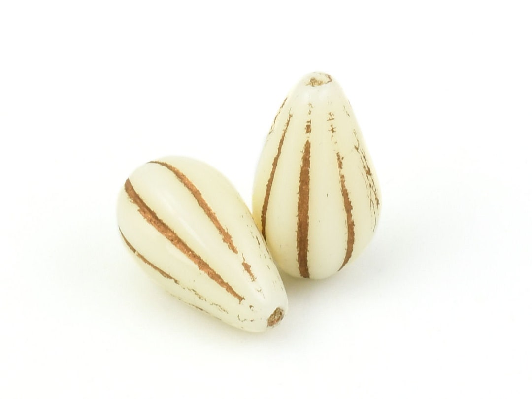 10 Opaque Ivory With Bronze Wash Teardrop Beads - 13mm X 8mm Melon Drop ...