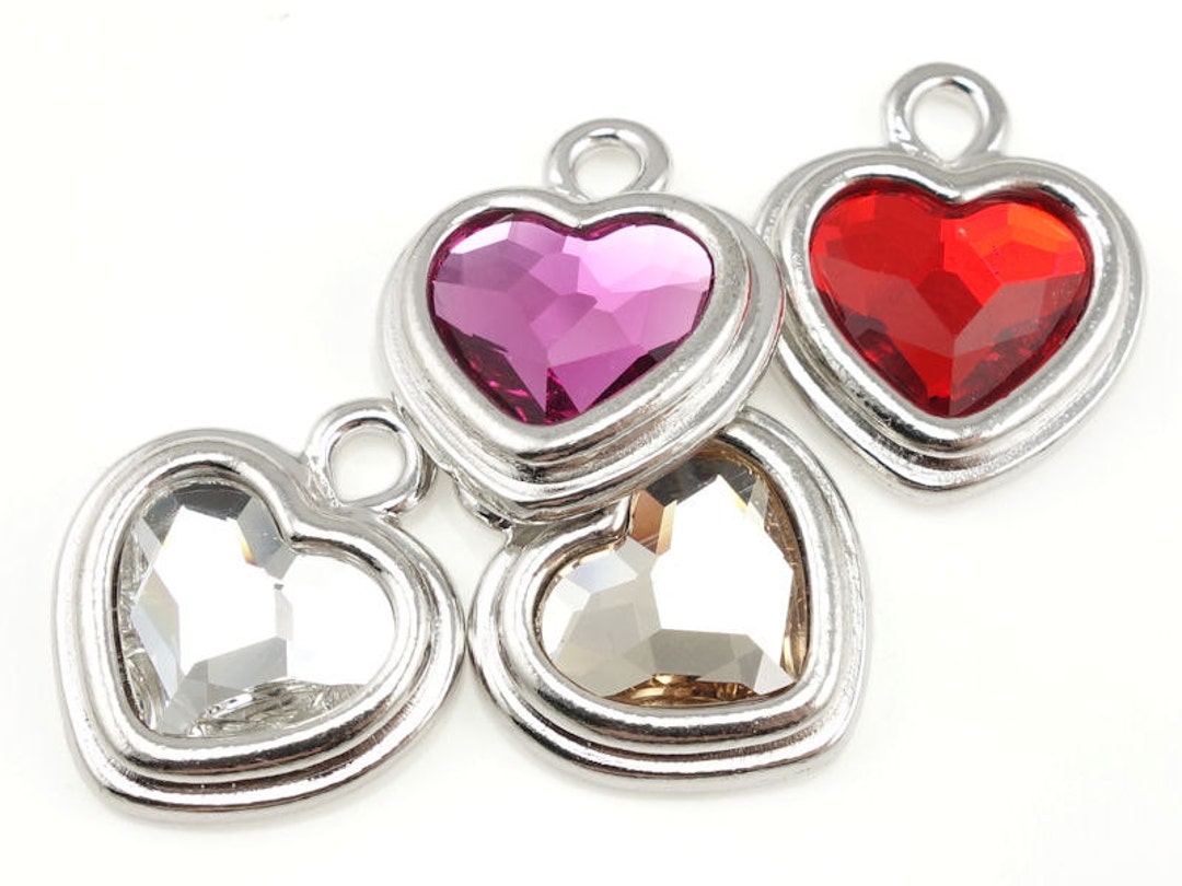 Crystal Heart Charms Silver Charms Custom Color Choice Fuchsia Pink ...