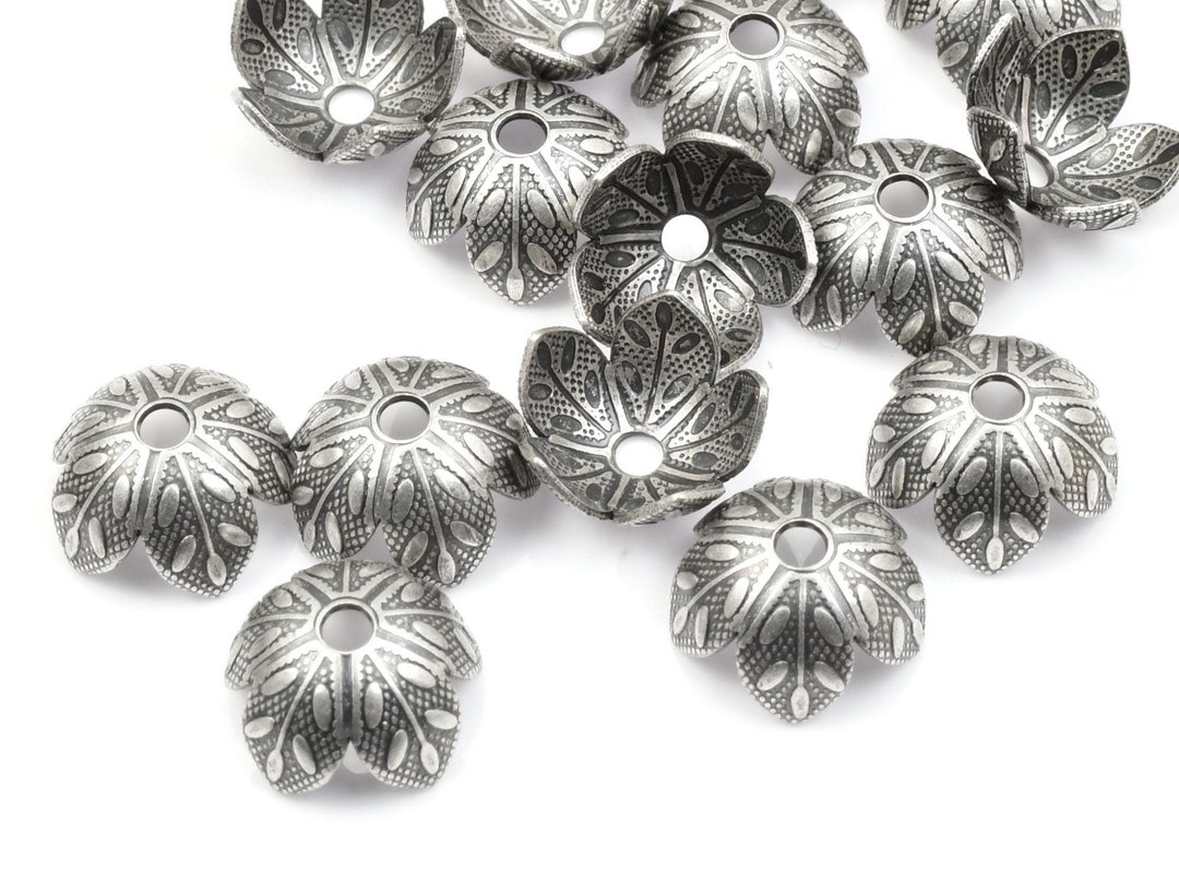 9mm Bead Caps - Etched Floral Petal Caps - Dark ANTIQUE SILVER Bead ...