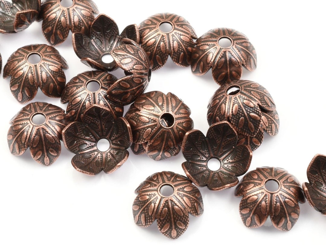 48 9mm Bead Caps - Etched Floral Petal Caps - Antique Copper Bead Caps ...