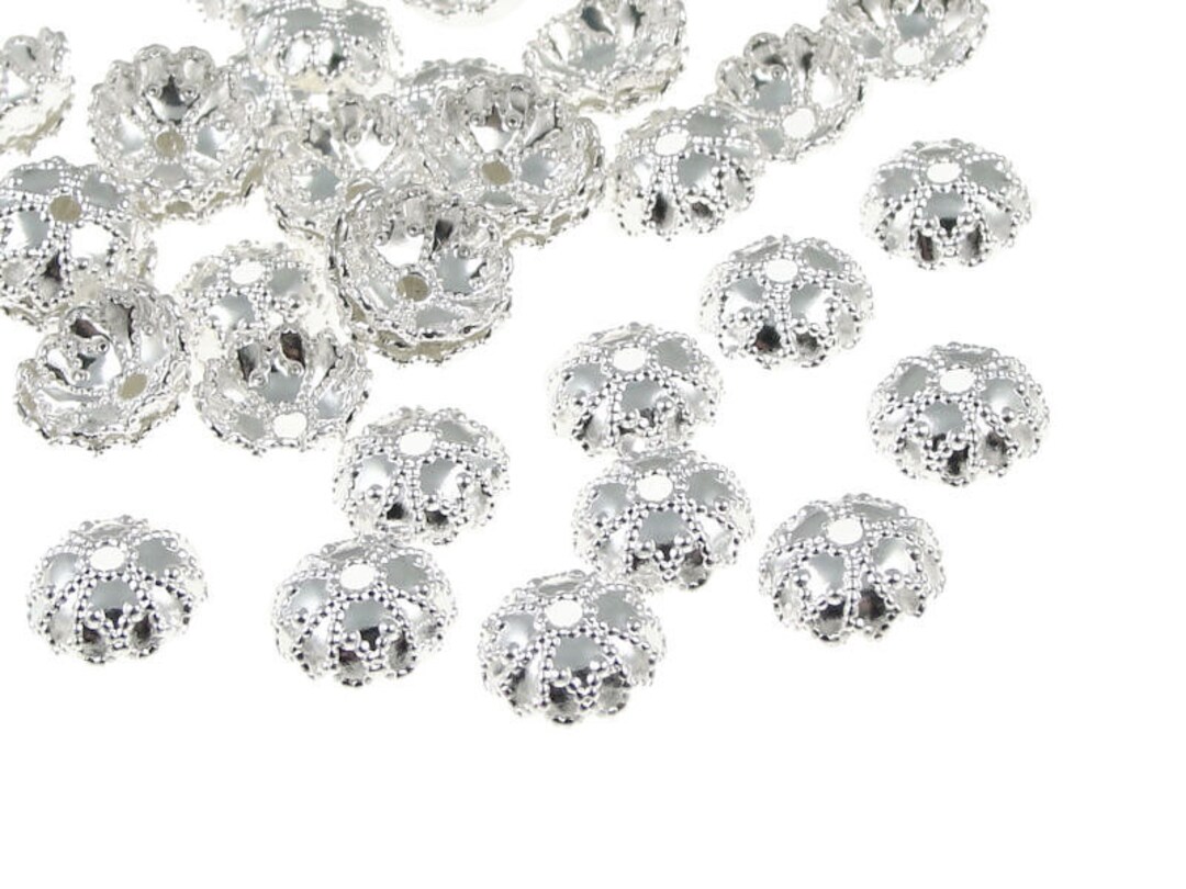 48 Silver Bead Caps Bright Silver Plated 7mm Ornate Domed Textured ...