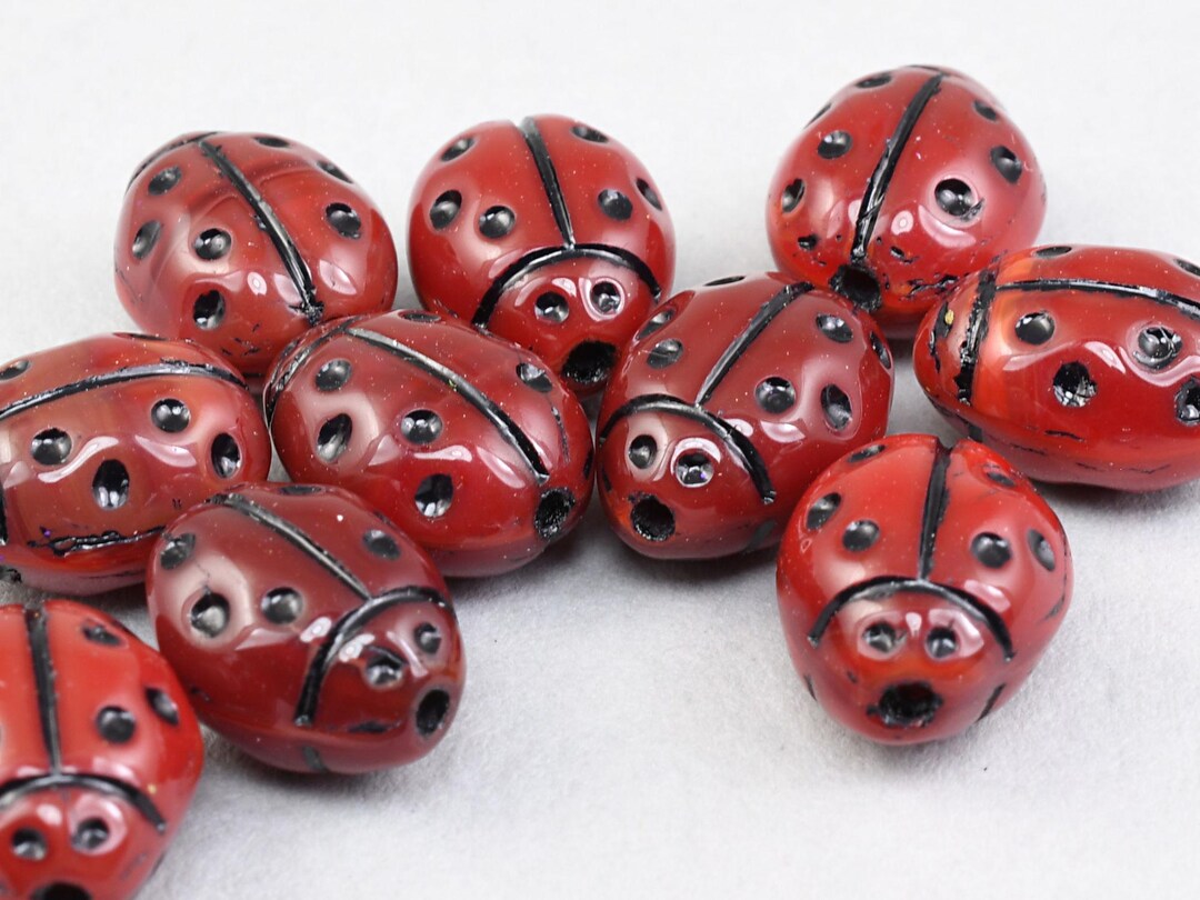 10 Pieces of Red Glass Ladybug Beads - 9.5mm X 7.5mm Red Opaline With ...