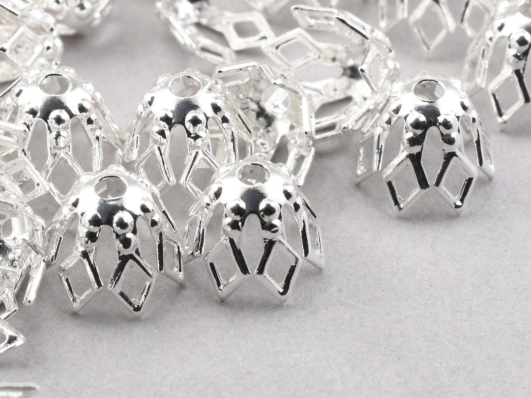 72 Pieces of 7mm Filigree Bead Caps - Bright Silver Beadcaps - Silver ...