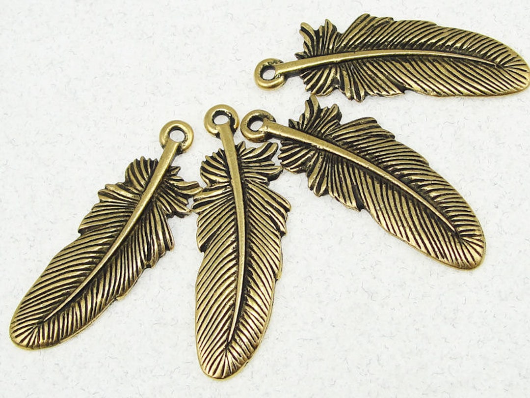 Tierracast Large Feather Charms - Antique Gold Feather Pendants ...