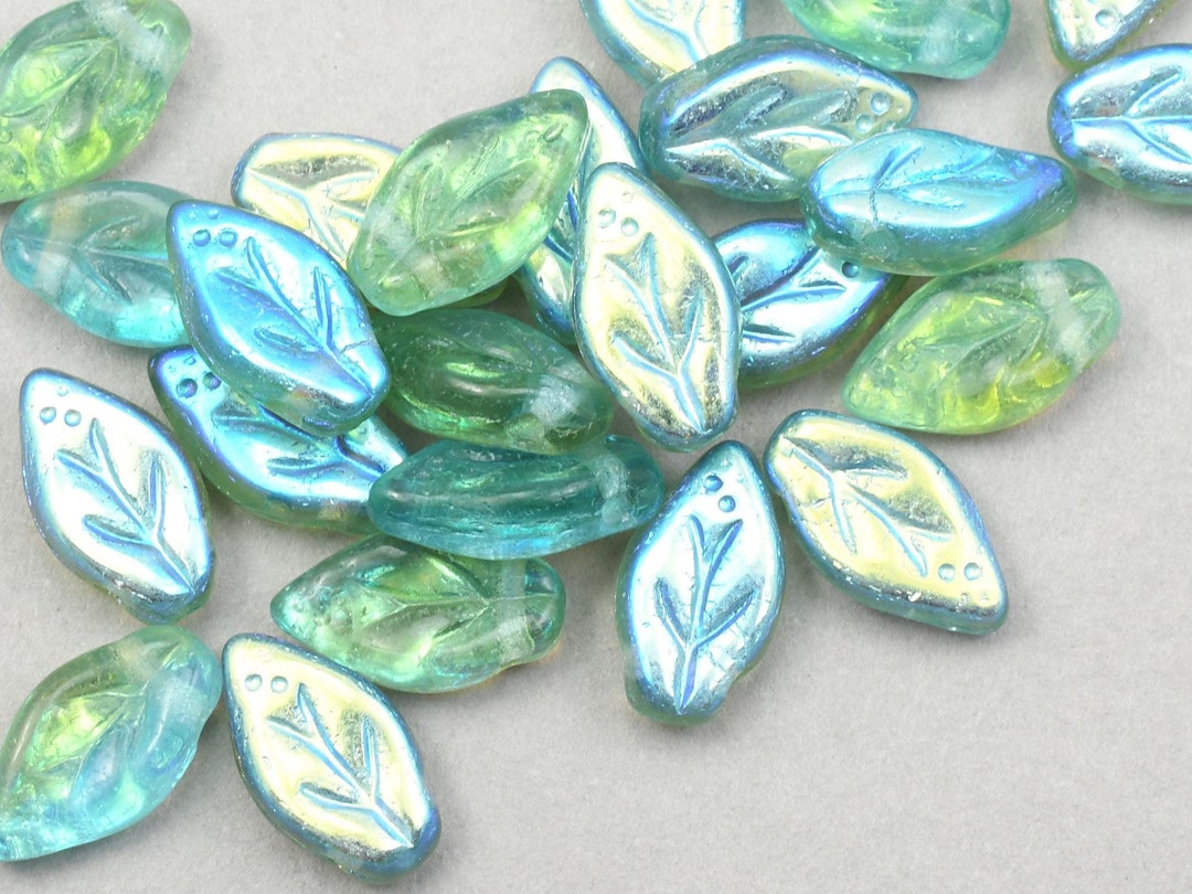 25 Pieces 10mm X 6mm Small Leaf Beads - Aqua and Topaz Transparent Mix ...