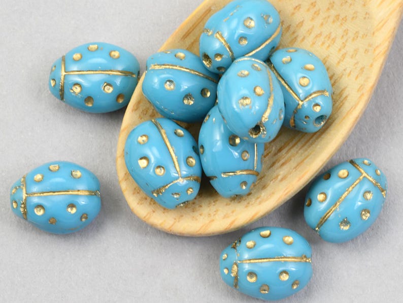 10 Pieces of Turquoise Glass Ladybug Beads - 9.5mm X 7.5mm Blue ...