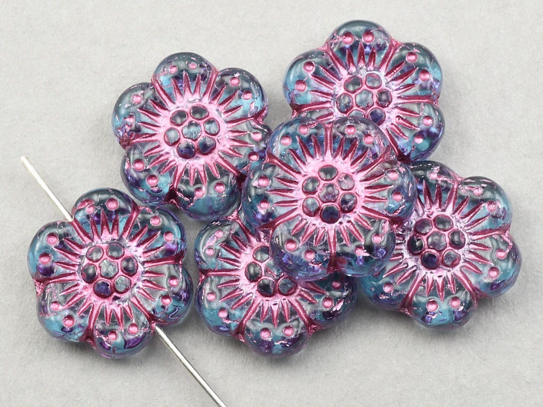 12 Blue and Purple Rustic Flower Beads - 14mm Wild Rose Czech Glass ...