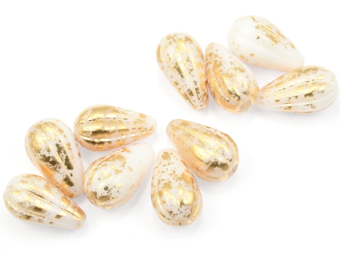 Opaque White and Gold Teardrop Beads - 13mm X 8mm Melon Drop Briolette ...
