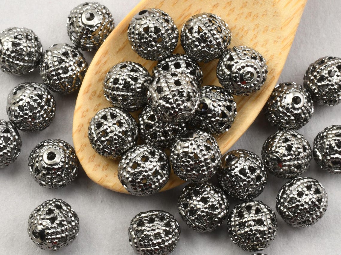 36 Gunmetal Beads 6mm Round Beads Lightweight Filigree Style Gun Metal ...